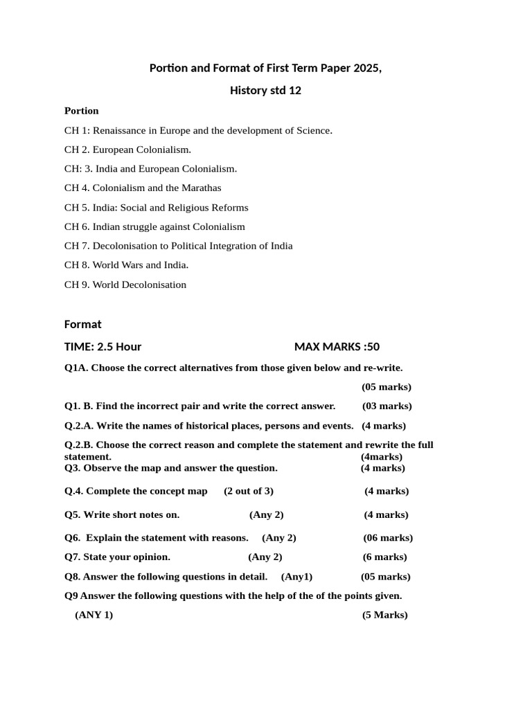 Portion and Format of First Term Paper 2025 STD 12 | PDF