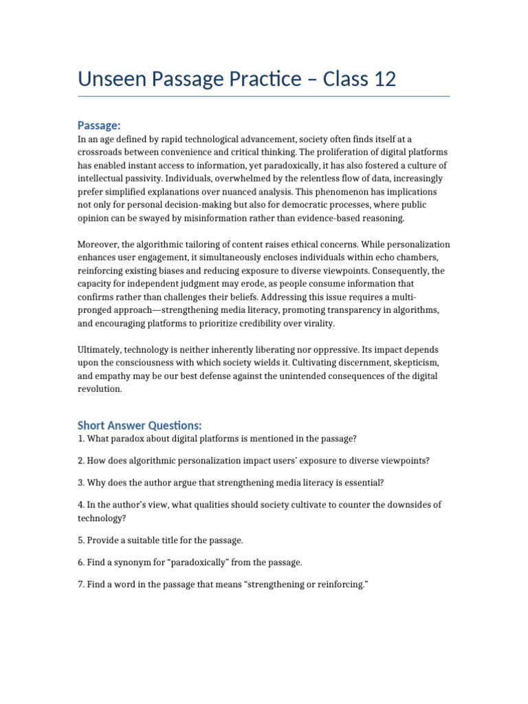 Unseen Passage Class12 | PDF | Communication | Human Communication