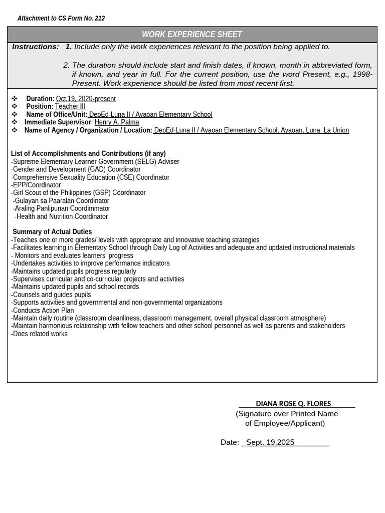CS Form No. 212 Attachment - Work Experience Sheet | PDF