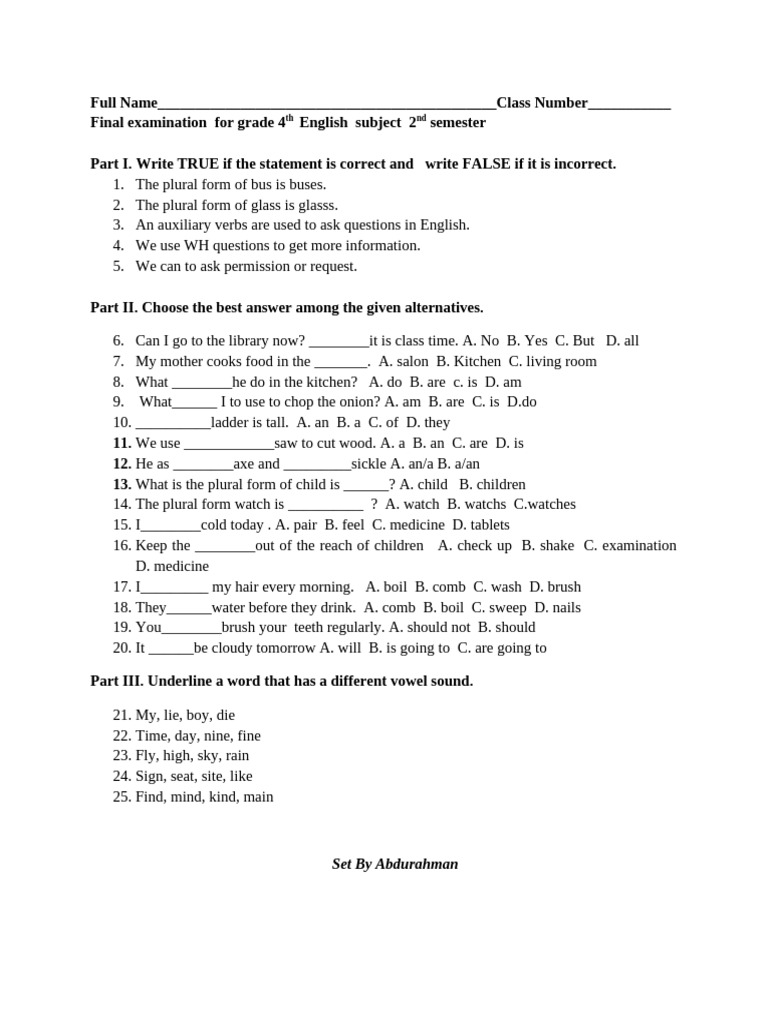 Grade 4 English Final Exam Review | PDF