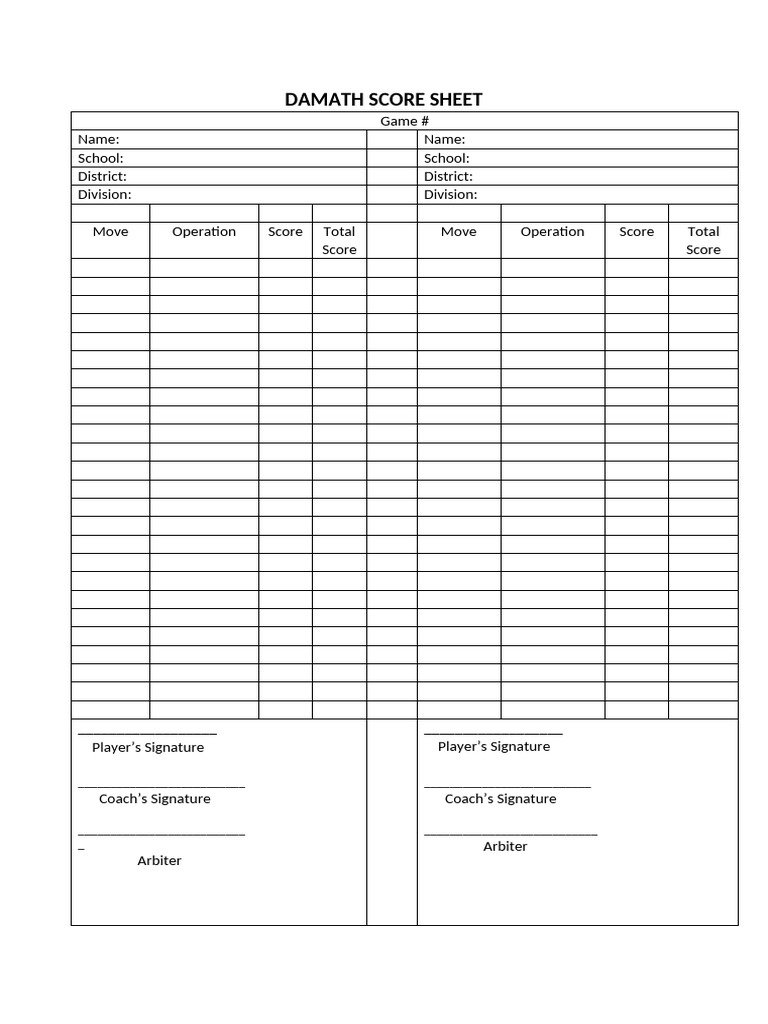 Damath Sample Score Sheet | PDF