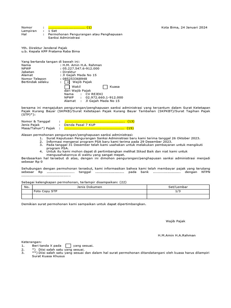 Surat Permohonan Pengurangan Atau Penghapusan Sanksi Administrasi | PDF