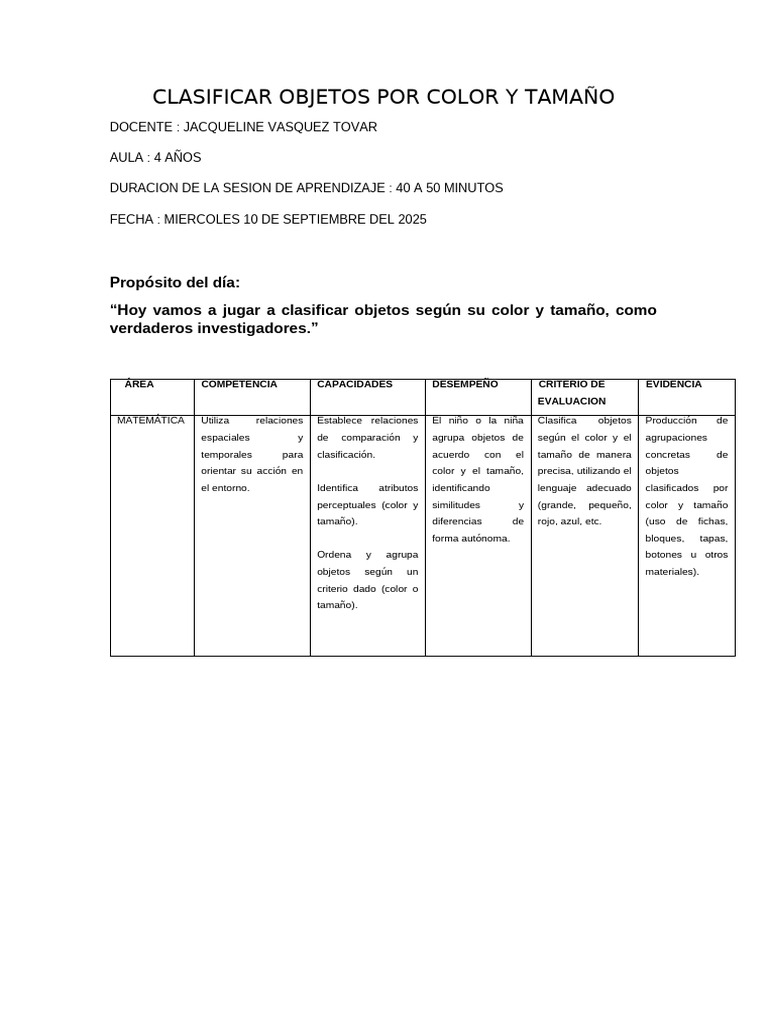 Clasificar Objetos Por Color y Tamaño | PDF | Aprendizaje | Cognición