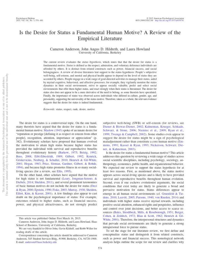 Is The Desire For Status A Fundamental Human Motive | PDF | Motivation ...