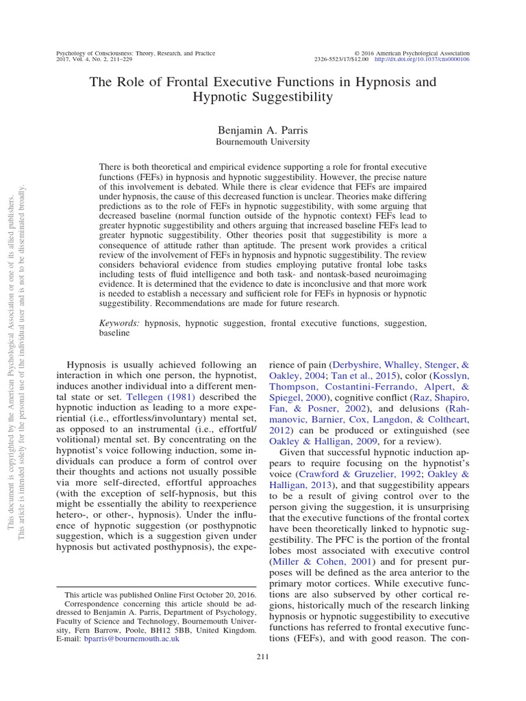 The Role of Frontal Executive Functions in Hypnosis and | PDF ...