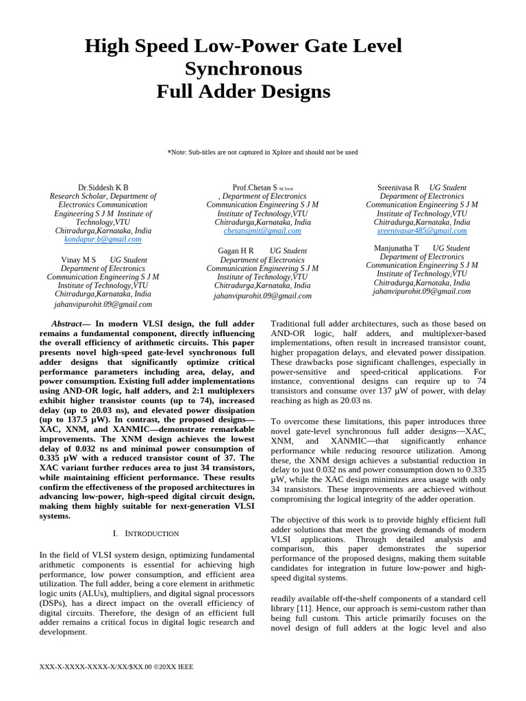 High Speed Low-Power Gate Level Synchronous Full Adder Designs | PDF ...