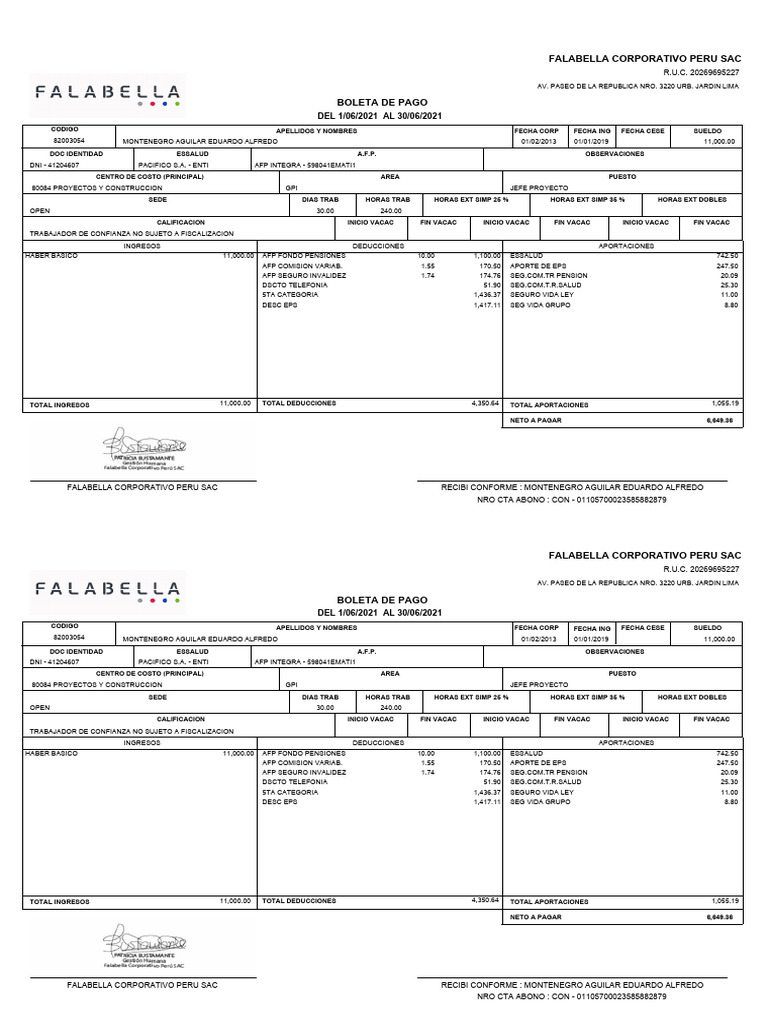 Boleta de Pago Falabella Perú Junio 2021 | PDF | Chile | Pensión