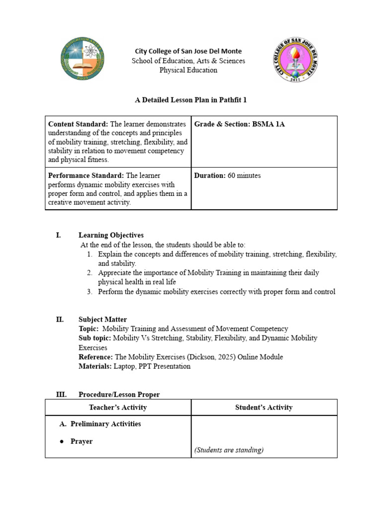 Dynamic Mobility Lesson Plan for PE | PDF | Flexibility (Anatomy)