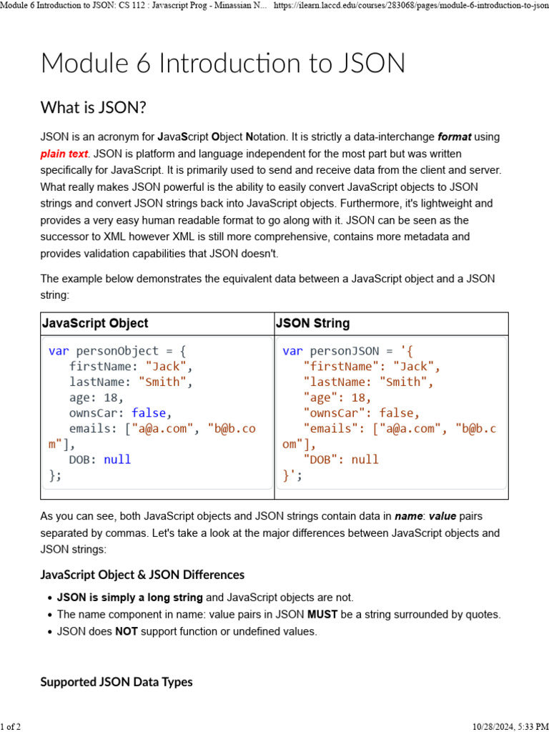 Module 6 Introduction To JSON - CS 112 - Javascript Prog - Minassian N. - FALL 2024 - SECTION ...