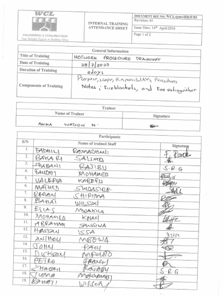 Hot Work Procedure Training Attendance | PDF