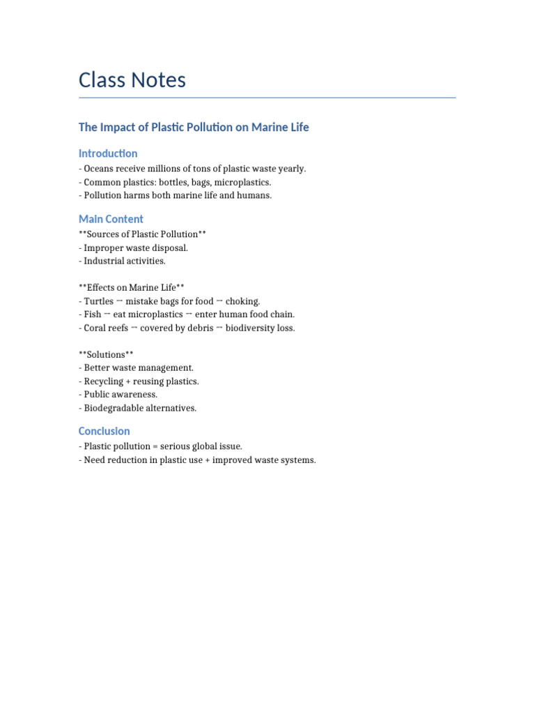 Class Notes Plastic Pollution | PDF