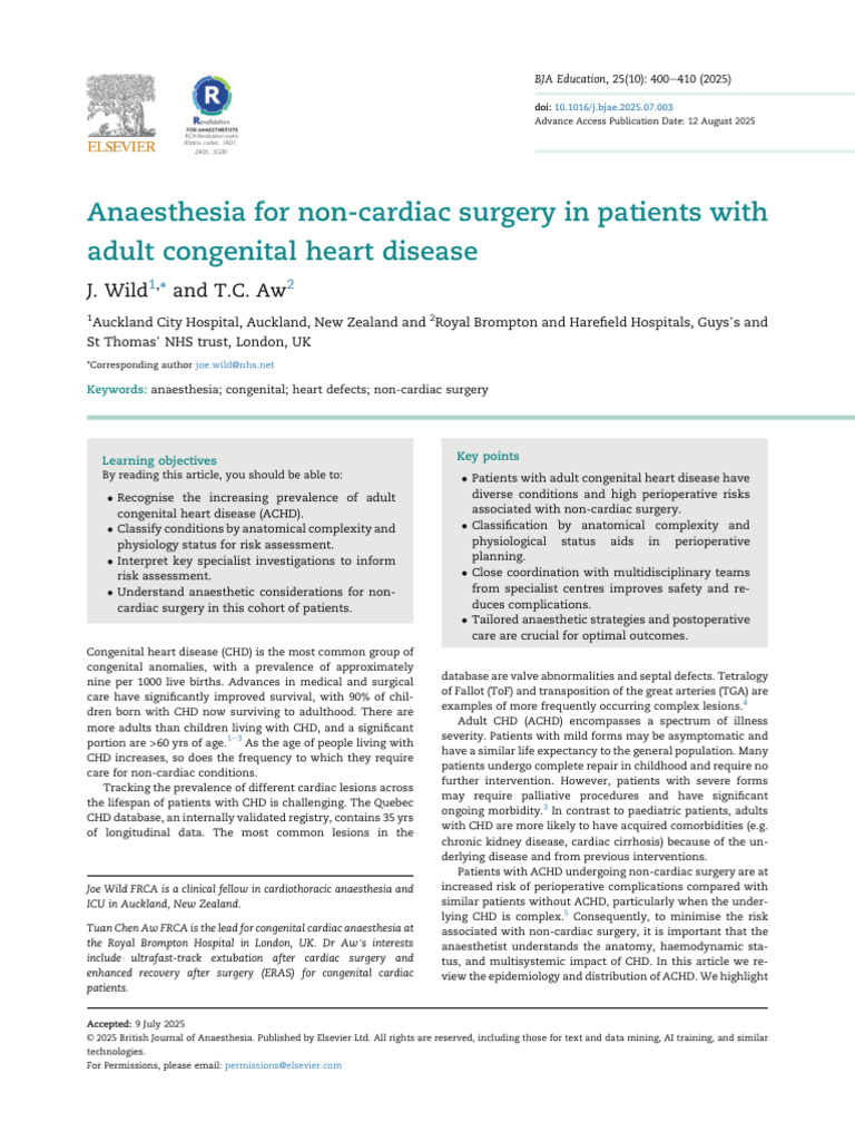Anaesthesia for Adult Congenital Heart Surgery | PDF | Congenital Heart ...