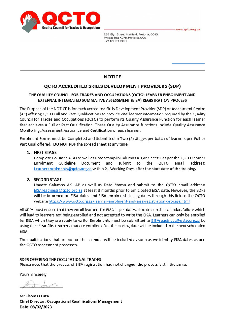 Qcto Notice To All Qcto Skills Development Providers | PDF