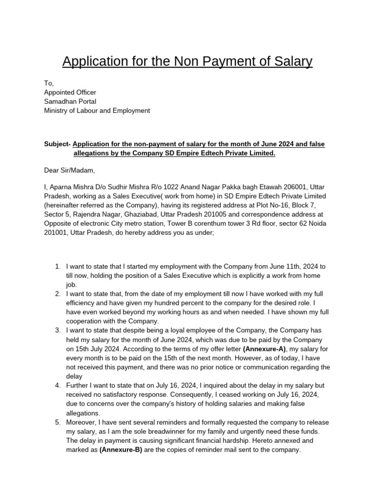 Salary Non-Payment Application | PDF | Business