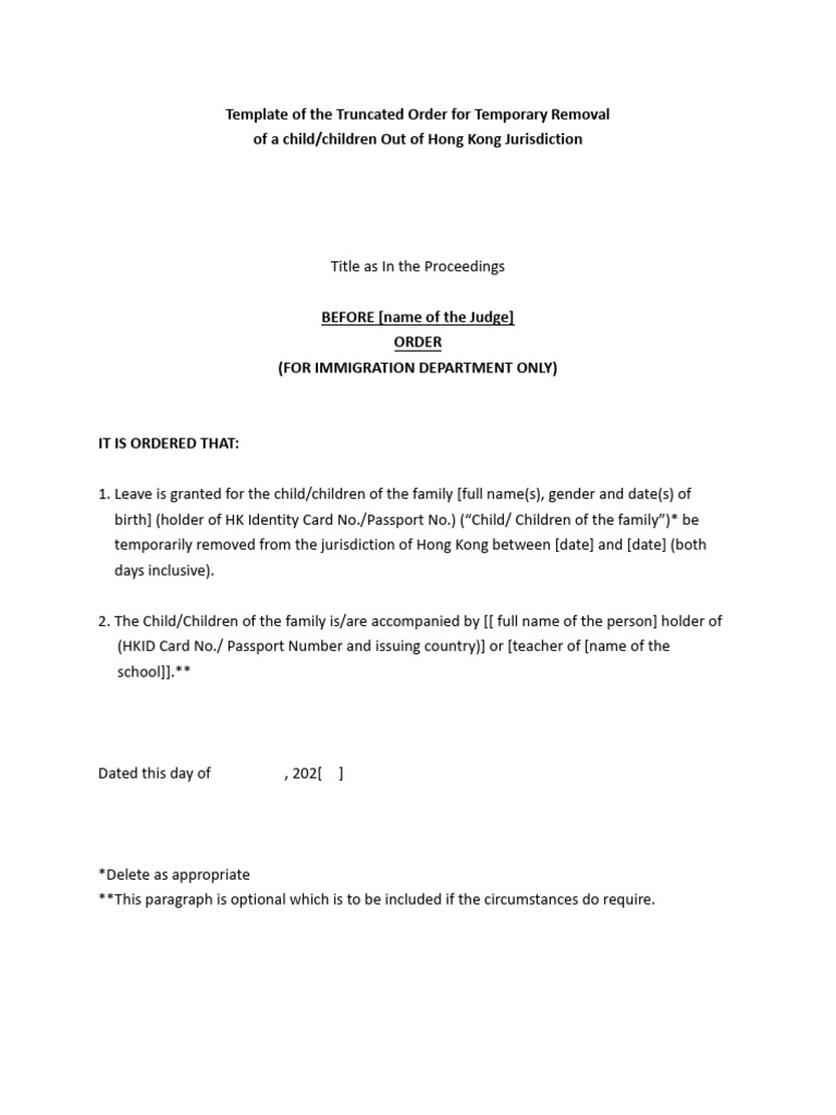 Template of The Truncated Order For Temporary Removal of A Child ...
