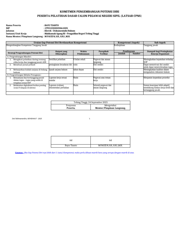 Form Pengembangan Potensi Diri Latsar Cpns 2025 | PDF