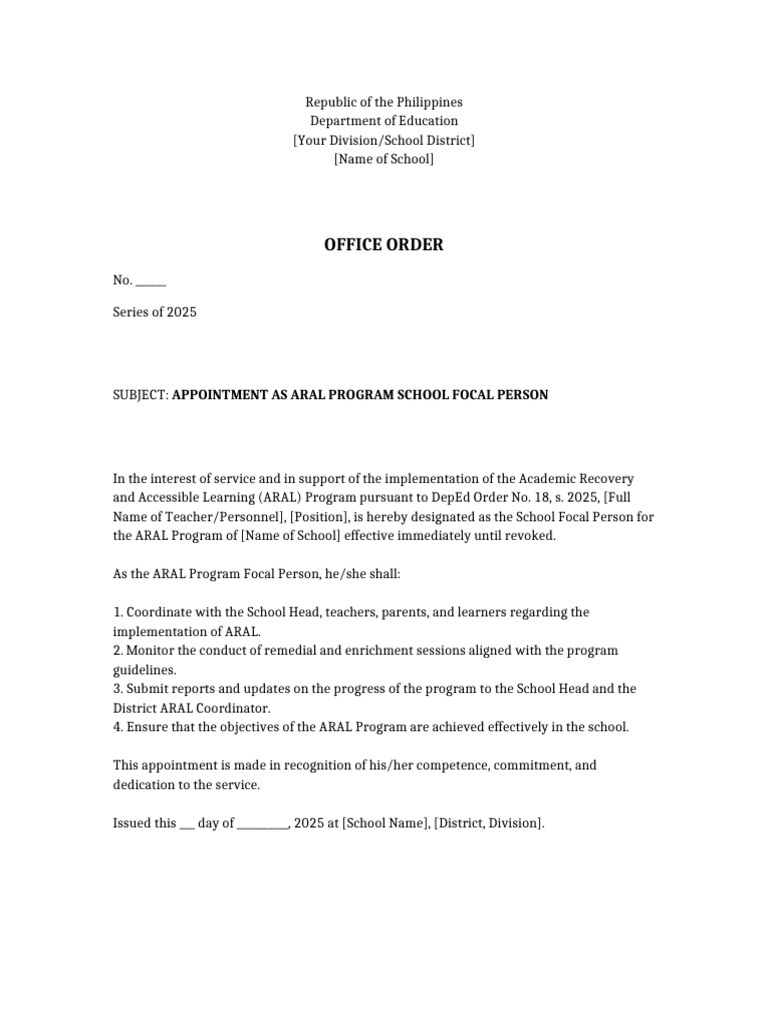 Appointment of ARAL Program Focal Person | PDF