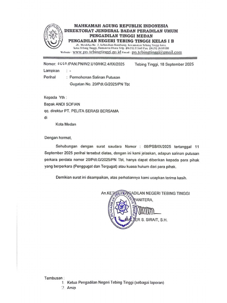 Balasan Surat PT Pelita Serasi Bersama | PDF