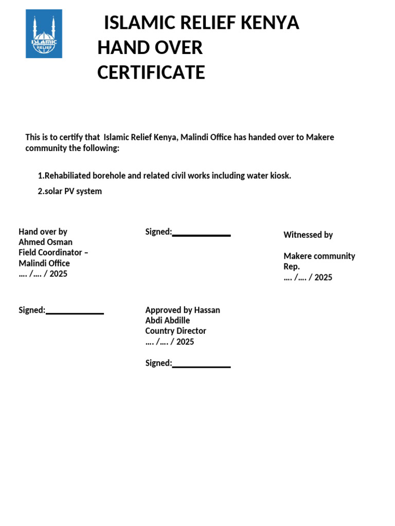 Certificate of Handover to Makere Community | PDF