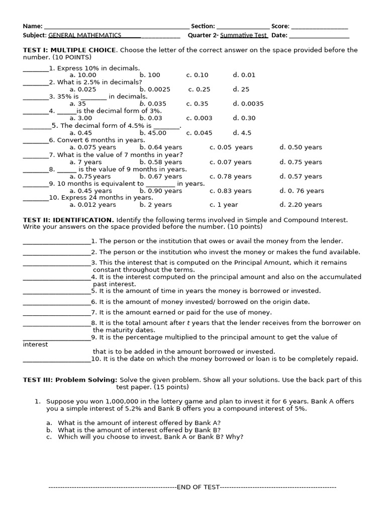 General Mathematics Summative Test | PDF | Interest | Financial Services