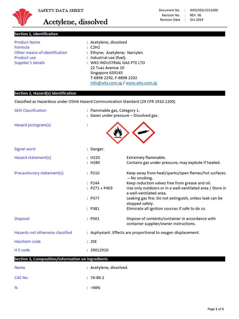 Acetylene Safety Data Sheet (SDS) | PDF | Silver | Personal Protective ...
