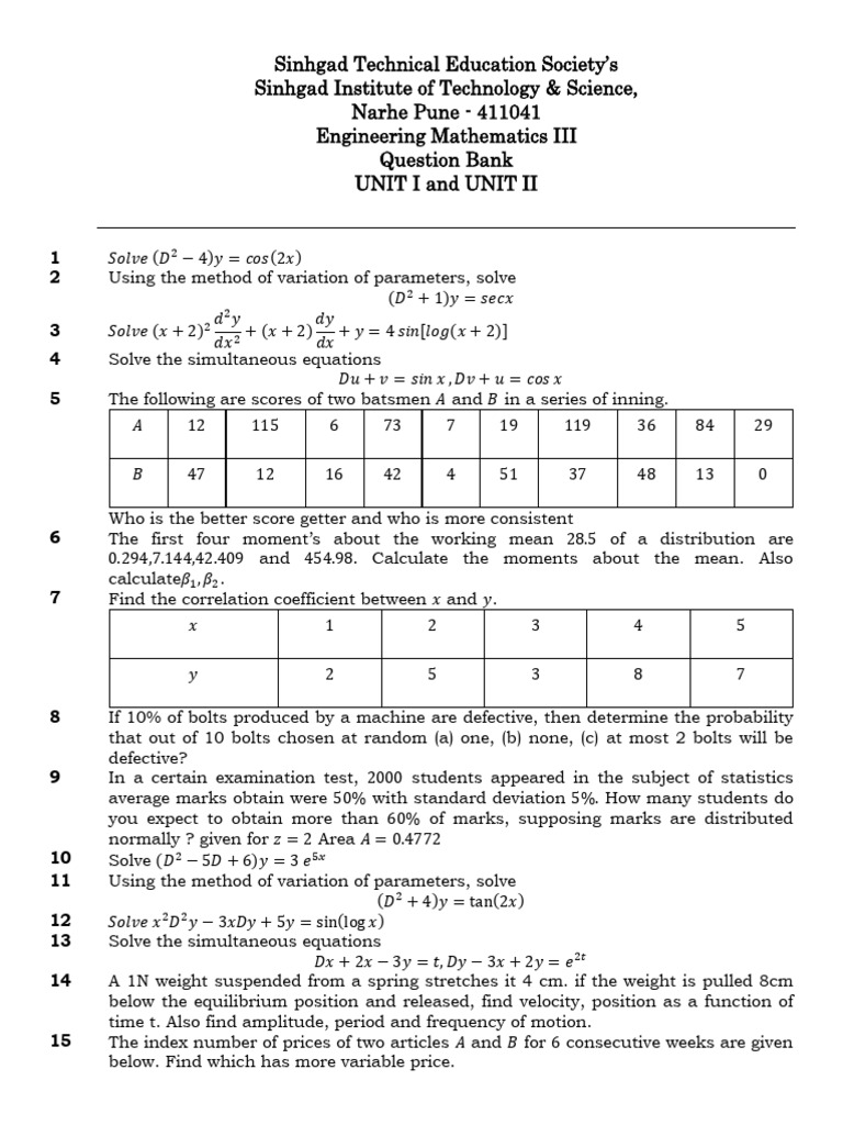 Sppu Mathematic 3 Unit 1,2 Question Bank | PDF | Descriptive Statistics | Statistical Theory