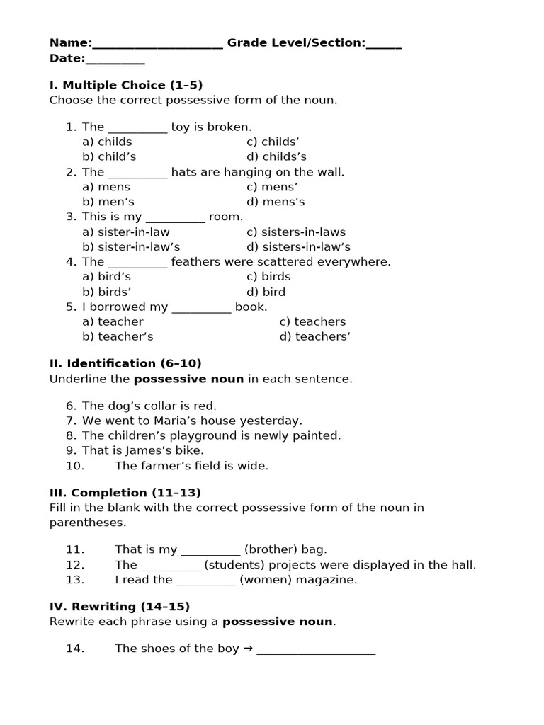 Possessive Noun Activity Worksheet | PDF