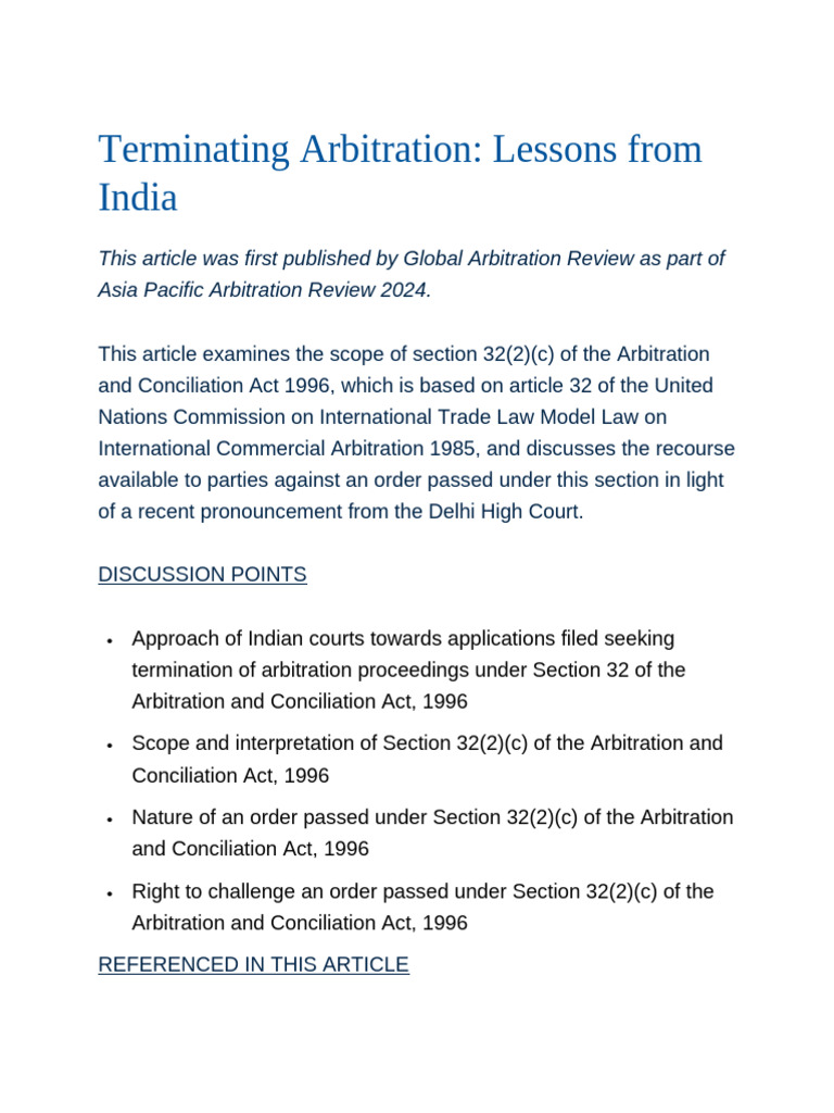 Termination of Arbitration in India | PDF | Arbitration | Arbitral Tribunal