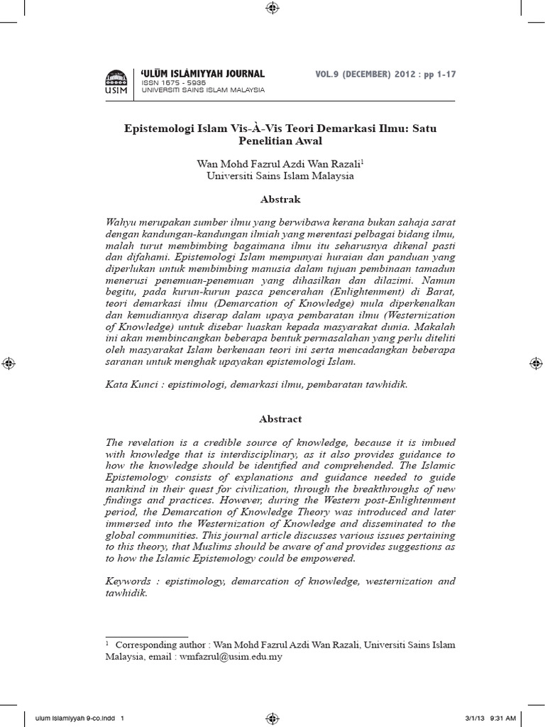 Epistemologi Islam Vs Teori Demarkasi Ilmu Satu Penelitian Awal | PDF