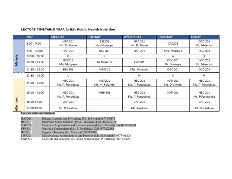 Updated BSC PHN Timetable - YEAR 2 | PDF | Biology