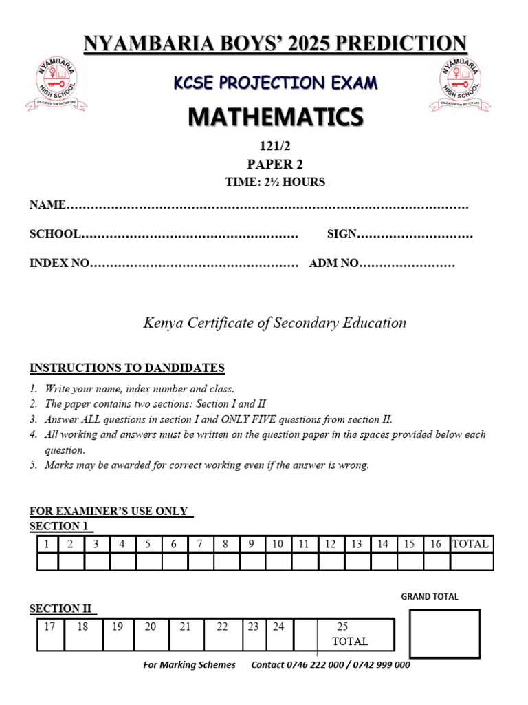 Nyambaria Boys Math PP2 2025 Predictions | PDF | Area | Circle