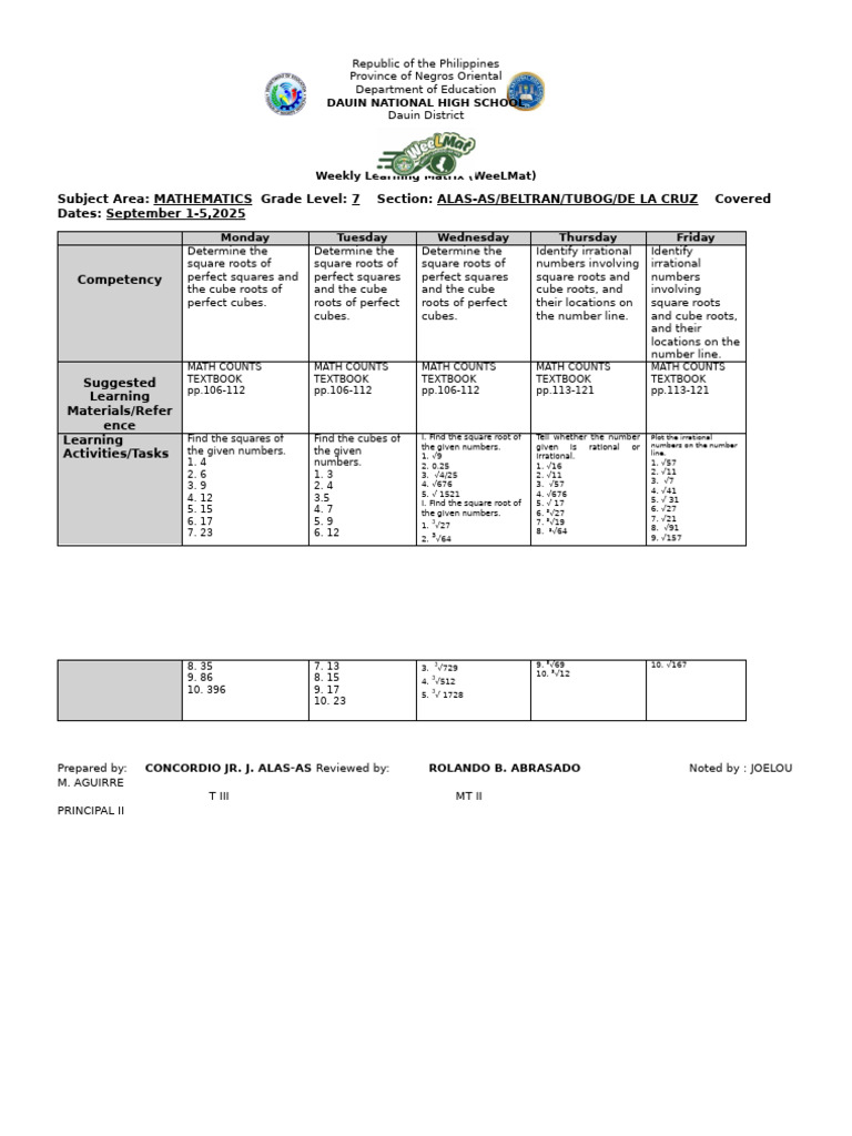 Weekly Learning Matrix Sep. 1 5 (1) | PDF | Square Root | Mathematics