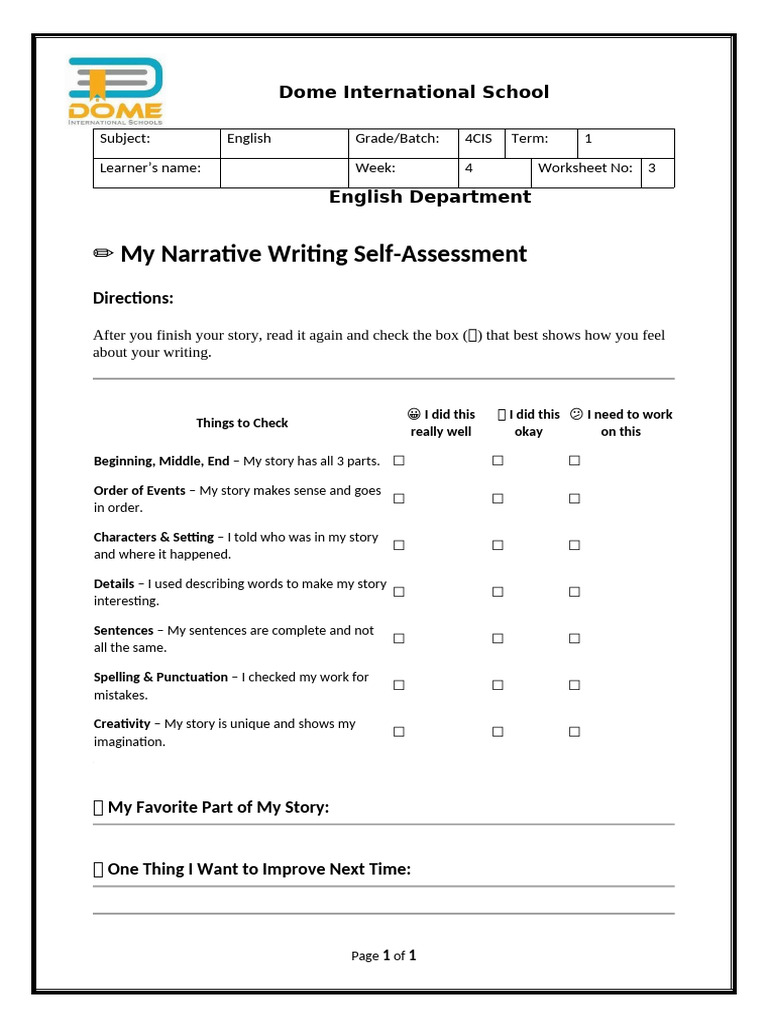 Narrative Writing Self-Assessment Worksheet | PDF