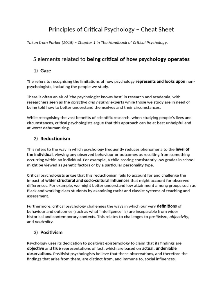 Critical Psychology Principles Cheat Sheet | PDF | Psychology | Positivism