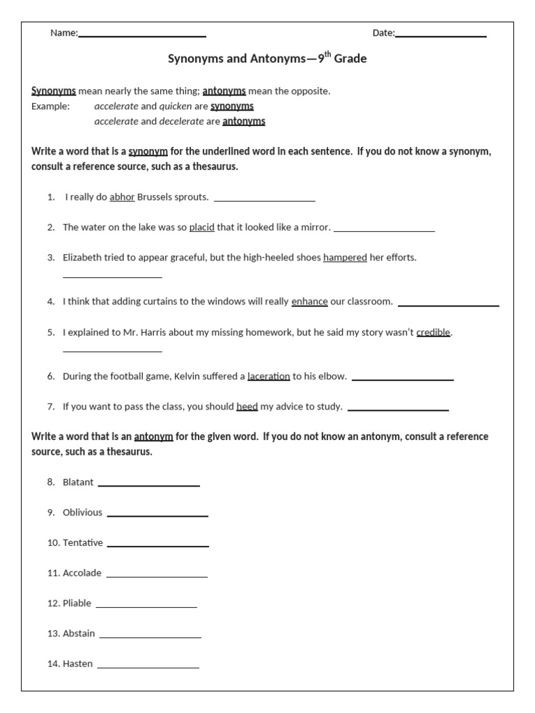 9 AIs Synonyms and Antonyms 9th 12th Grades Worksheet | PDF