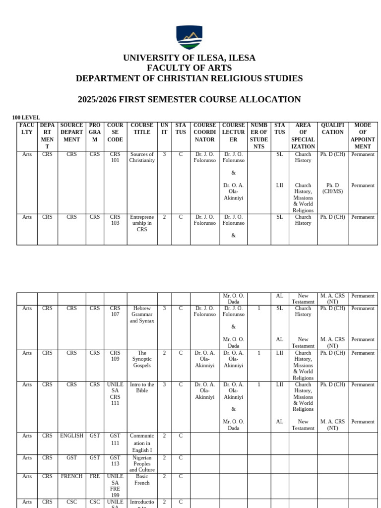 UNILESA Course Allocation - CRS DEPT 25-26 1st Semester | PDF