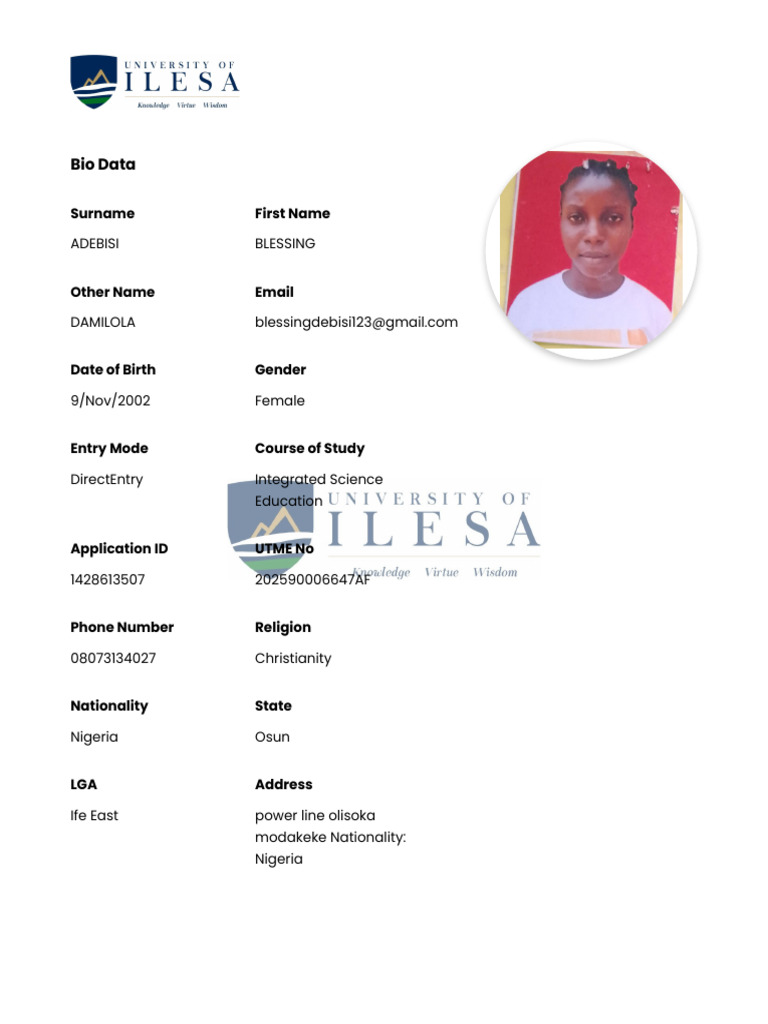 Unilesa Registration Bio Data Form | PDF