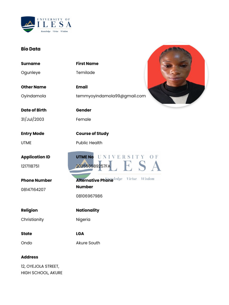 UNILESA - Registration Preview OGUNLEYE | PDF