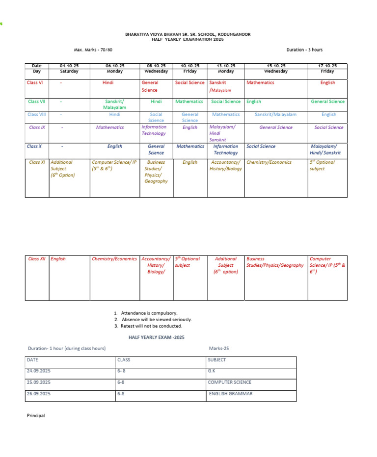 Half Yearly Examination Time Table | PDF | Science