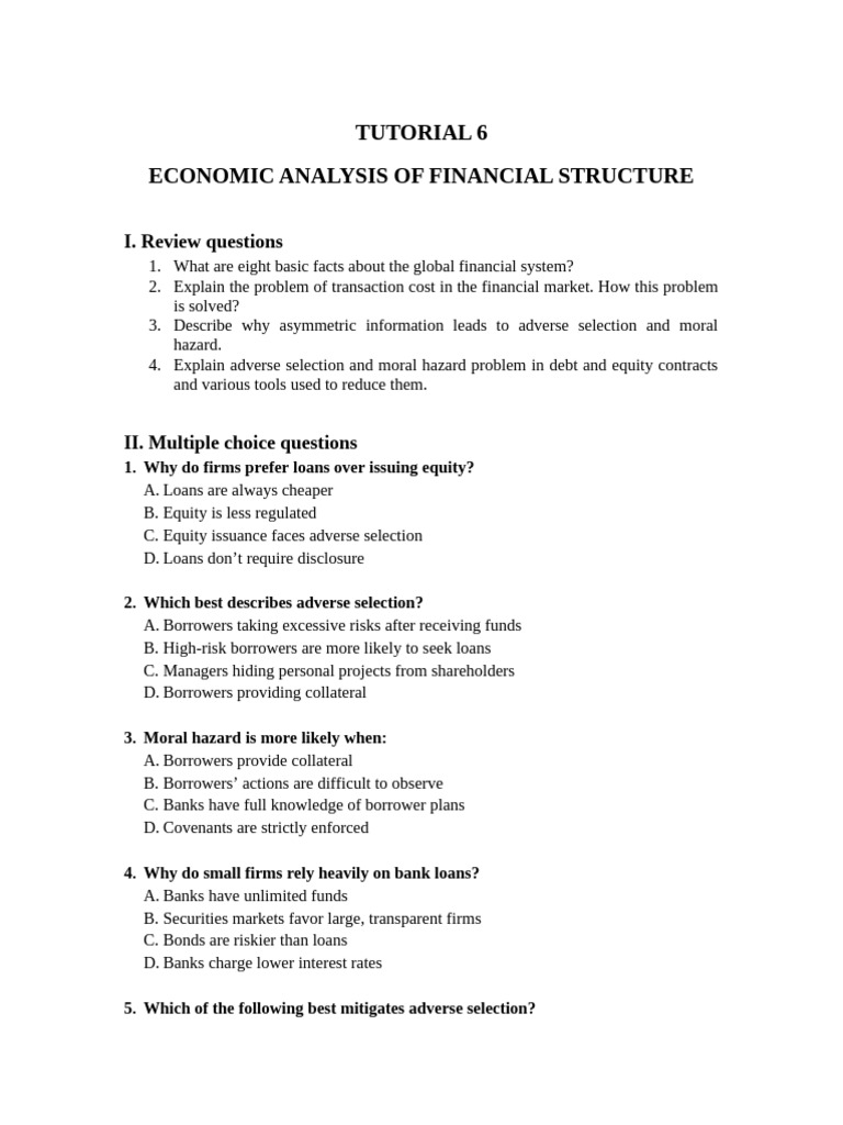 2025 Tutorial 6 Questions | PDF | Adverse Selection | Banks