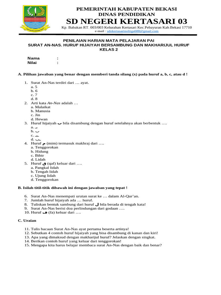 Soal Penilaian Harian Pai Kelas 2 Tentang Surat An-Nas, Huruf Hijaiyah Bersambung Dan Makharijul ...