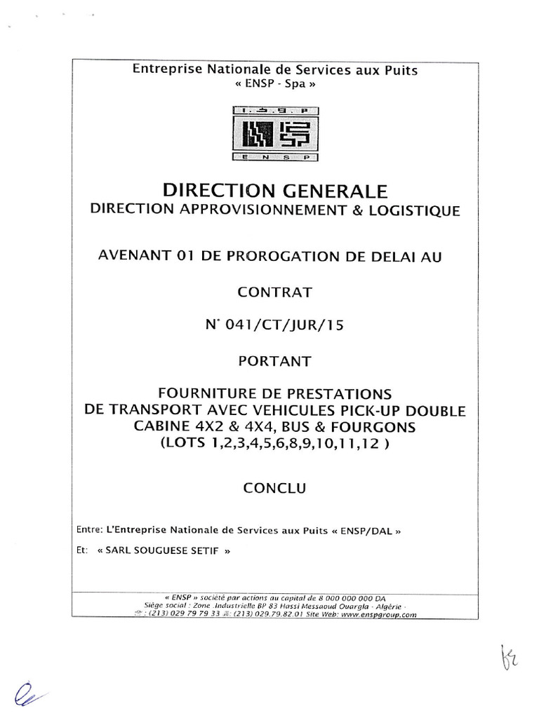 Avenant 01 Contrat #041-Ct-Jur-15 Sarl Souguese Setif | PDF