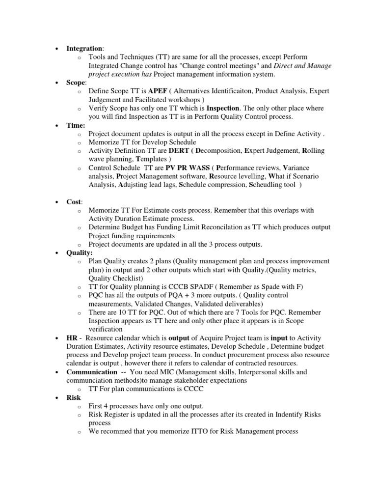 ITTO Memory Technique | PDF | Project Management | Risk Management