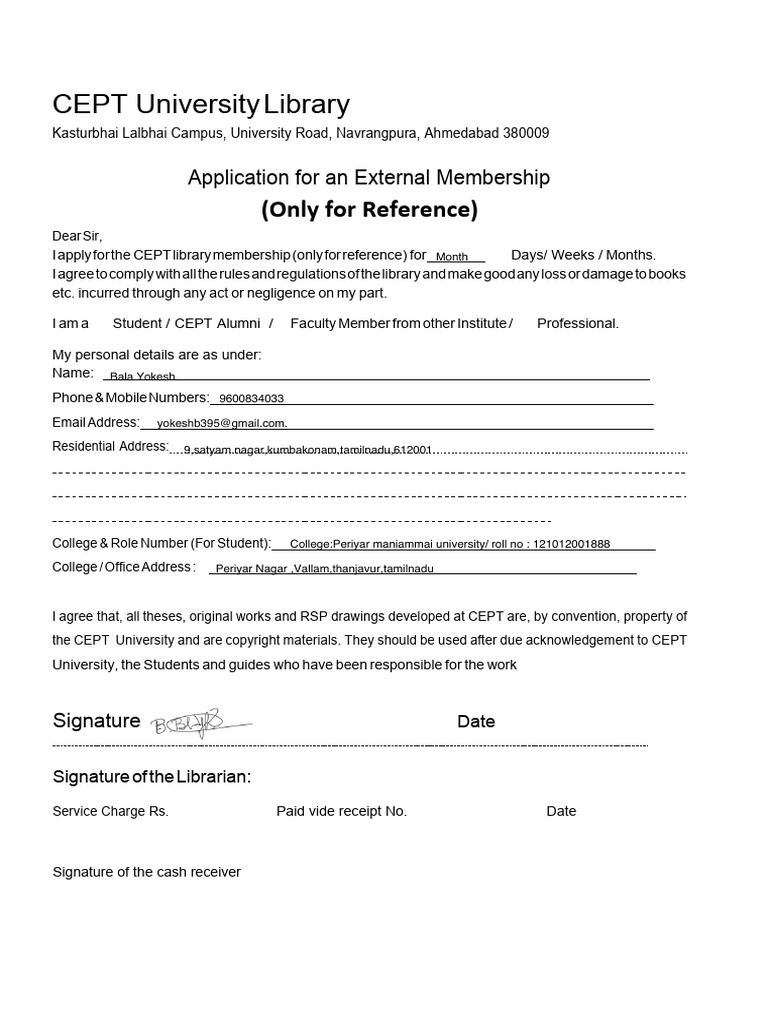 CEPT Library Membership Application Form | PDF | Libraries