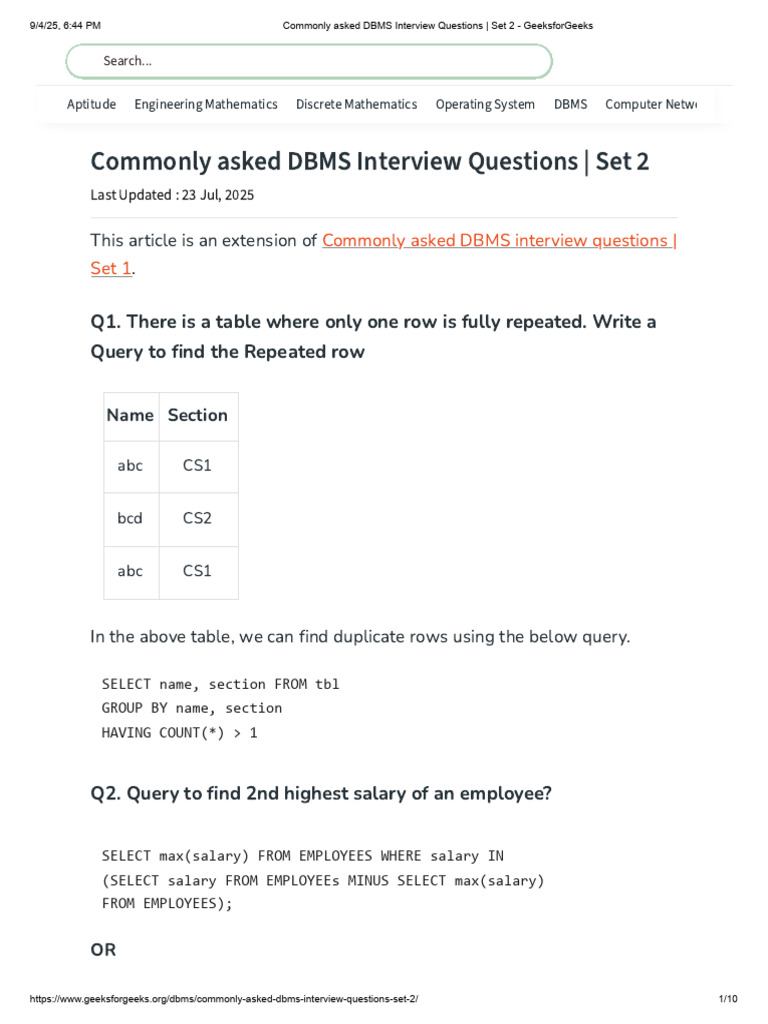 Commonly Asked DBMS Interview Questions - Set 2 - GeeksforGeeks | PDF | Sql | Databases