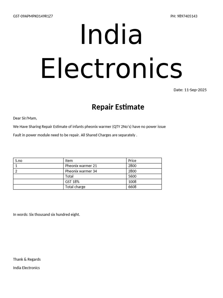 Repair Estimate for Phoenix Warmers | PDF
