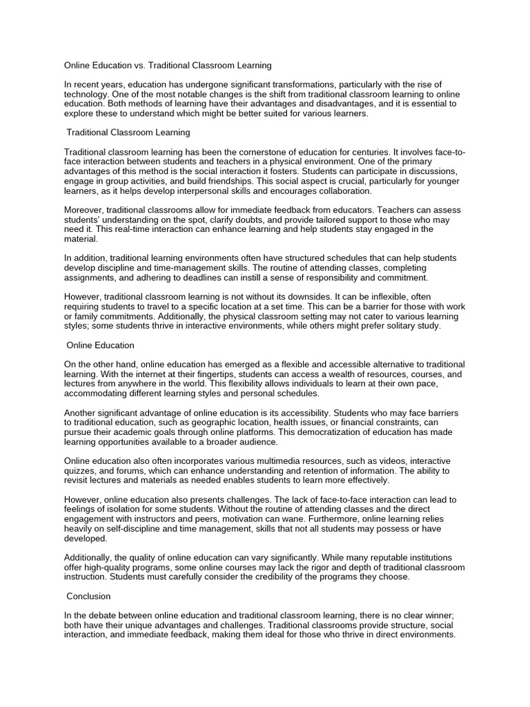 Online Education vs. Traditional Classroom Learning | PDF | Learning | Educational Technology