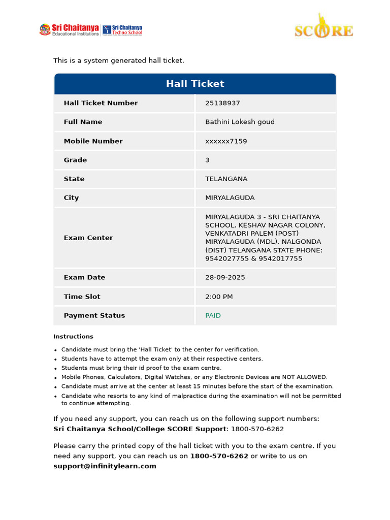 Hall Ticket for Exam on 28-09-2025 | PDF