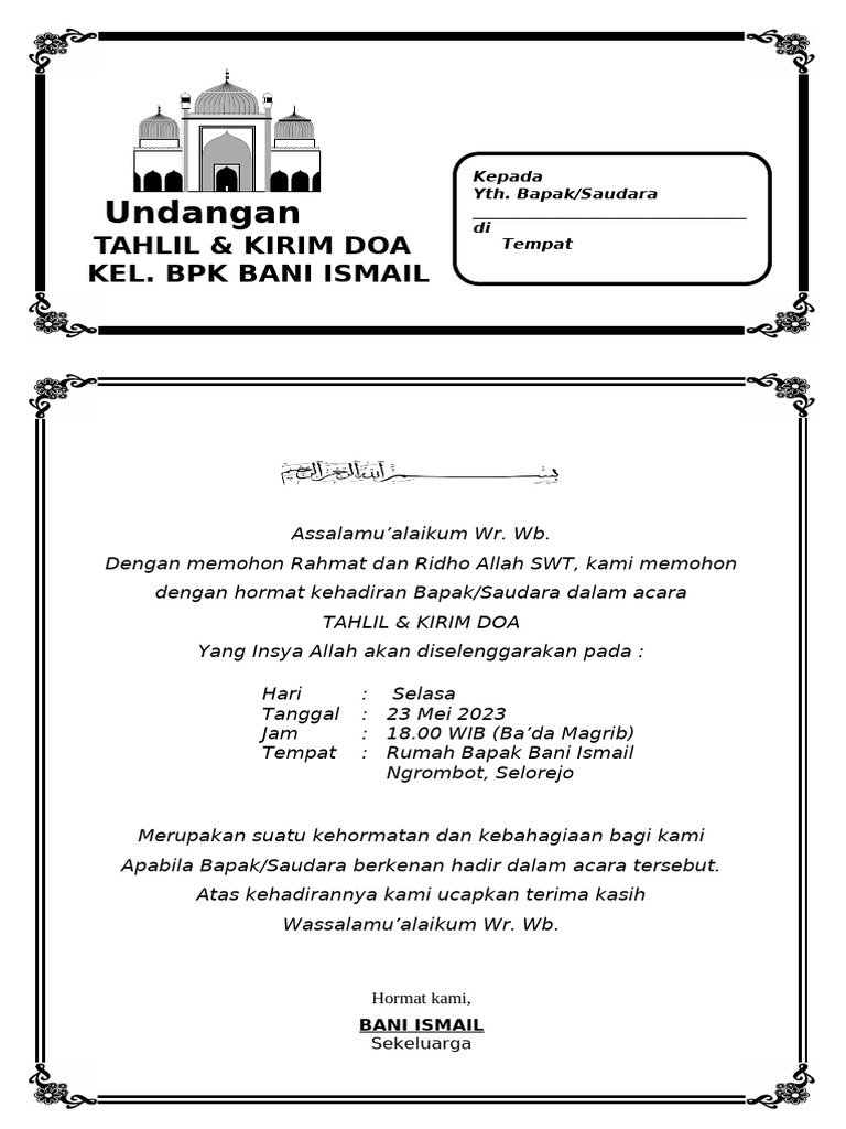 Undangan Tahlil Keluarga Bani Ismail | PDF