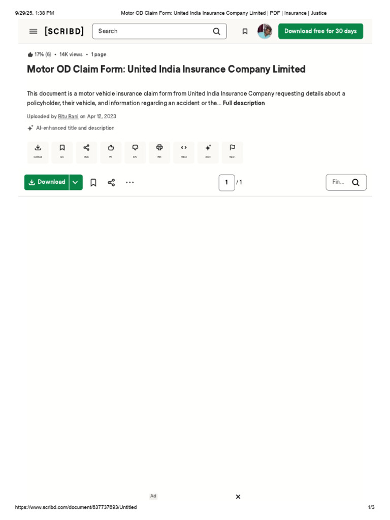 Motor OD Claim Form - United India Insurance Company Limited - PDF ...